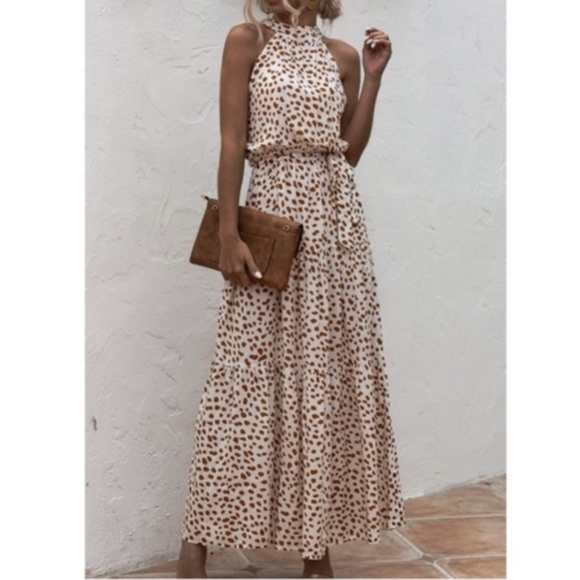 Bellanblue Dresses Bohemian Leopard Print Layer Ruffle Halter Maxi